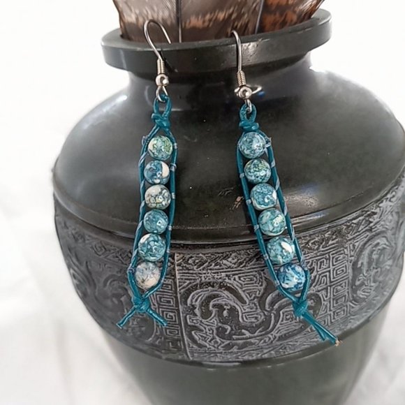 Jewelry | Woven Earrings Teal Fossil Beads With Teal Leather | Poshmark
